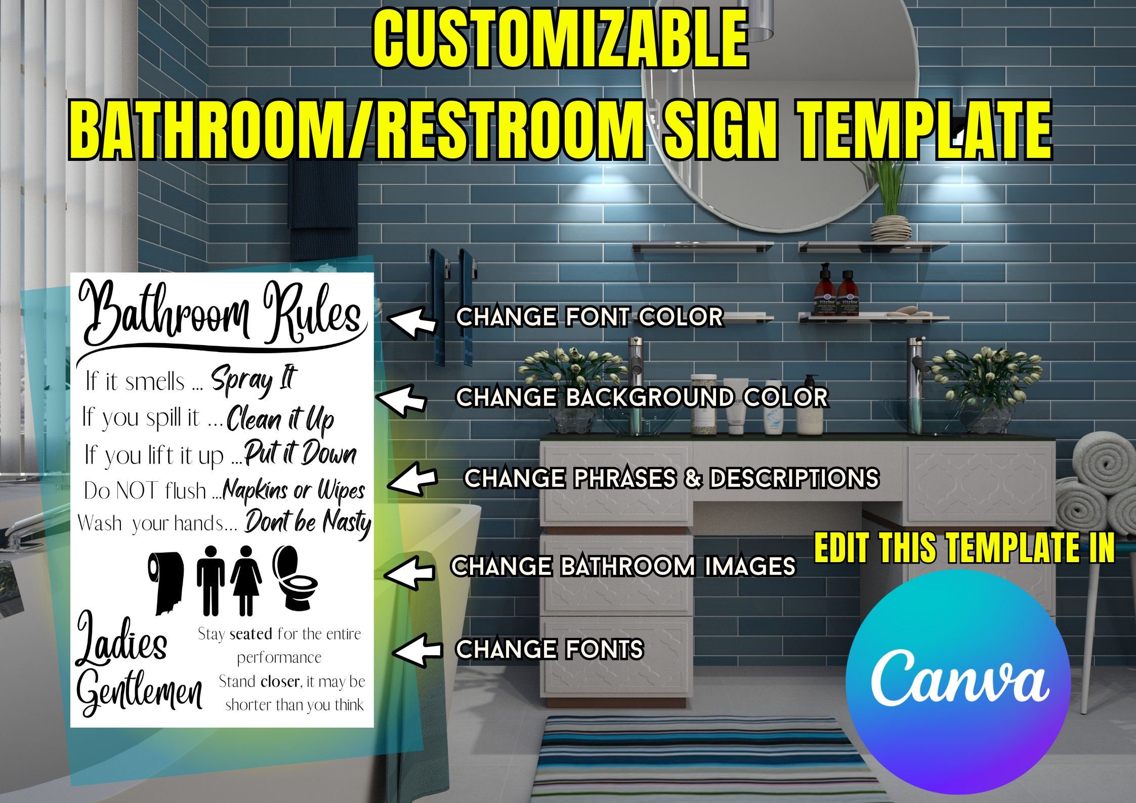 Bathroom | Restroom Rules SIGN for Guest - Editable - DIGITAL ...