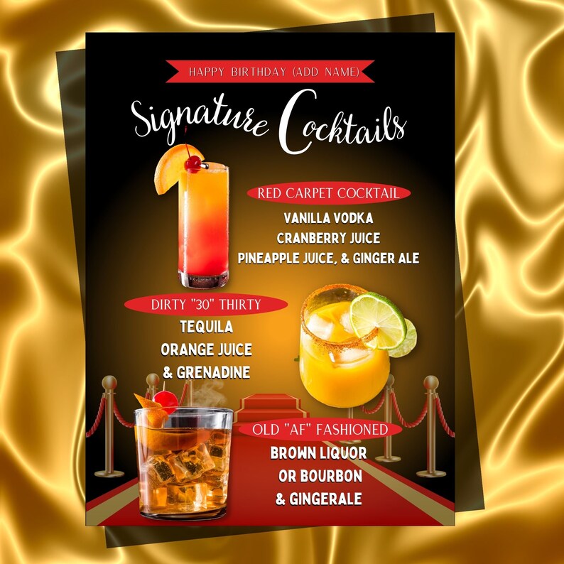 RED CARPET Themed Birthday Party Menu - Wedding Bar Menu - Editable ...