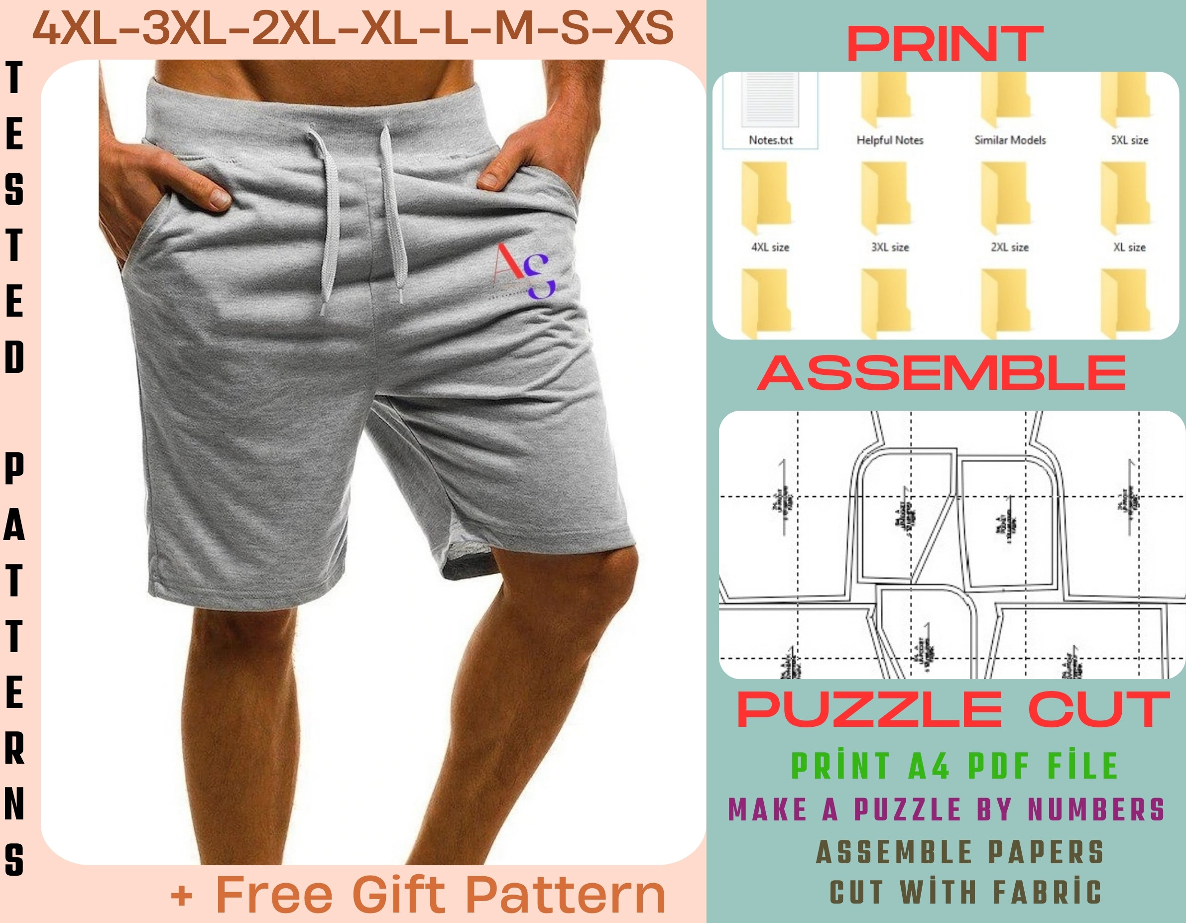 Men's Shorts Pattern, Easy Sewing Patterns, Shorts for Men, XXS-4XL ...