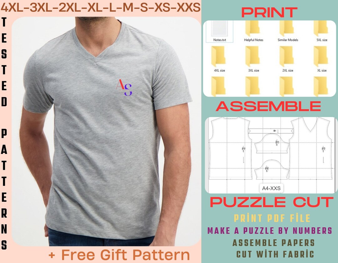 Clean Pattern, V Neck Tshirt Pattern for Man, Men's T-shirt Sewing ...