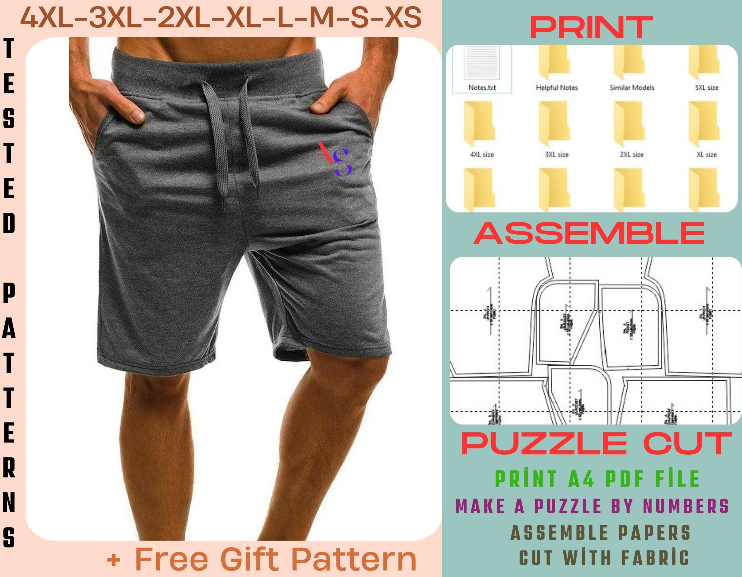 Men's Shorts Pattern, Easy Sewing Patterns, Shorts for Men, XXS-4XL ...