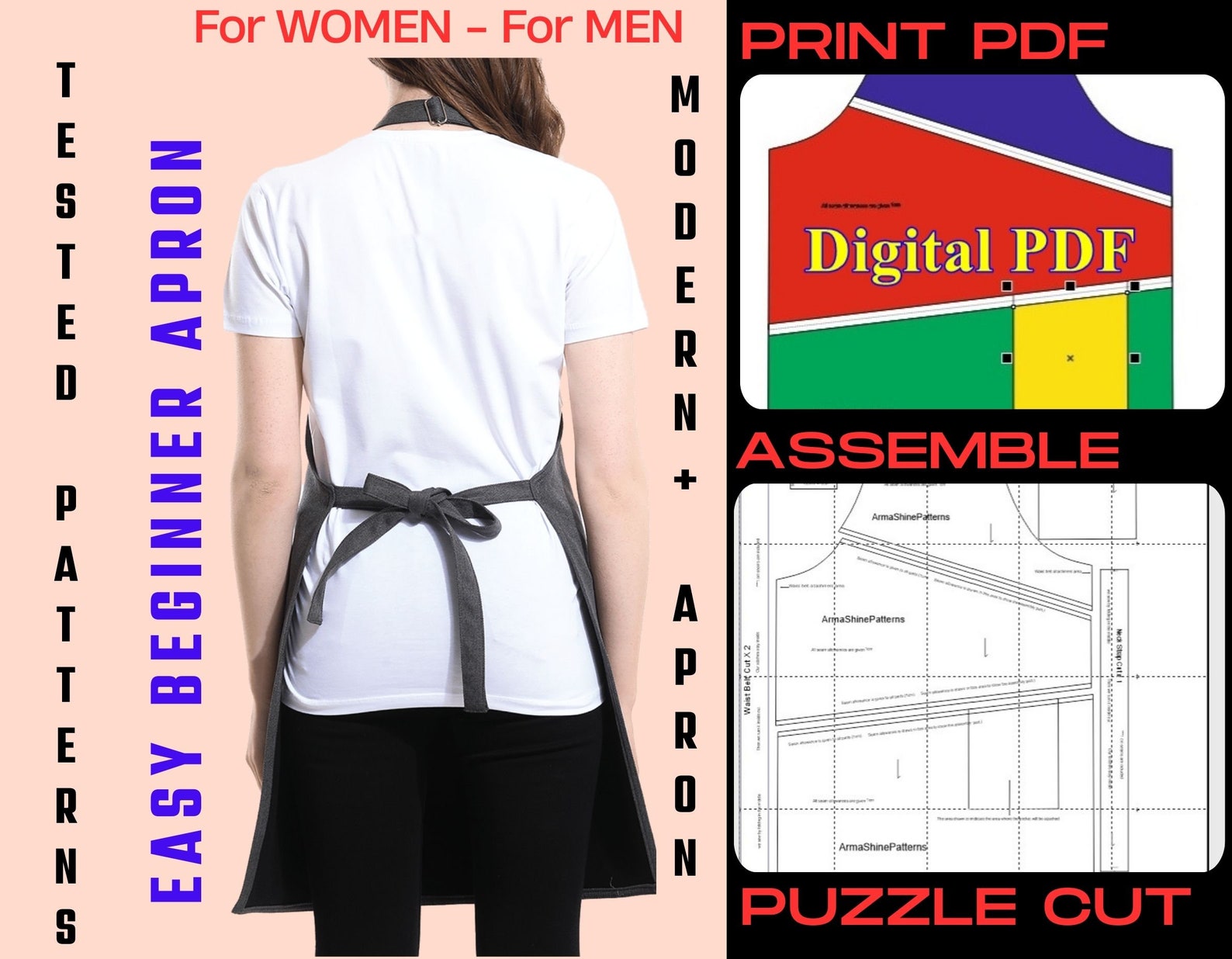 Apron Sewing Pattern, Digital Instant Download, Unisex Onesize Men and ...