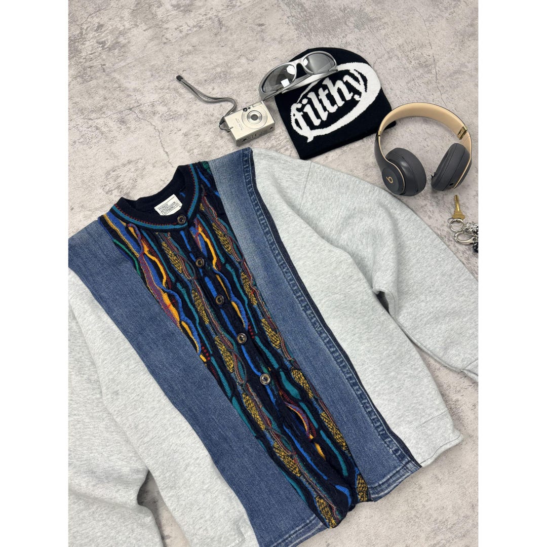 Vintage Rework Denim Cardigan 3d Knit Sweater - Etsy