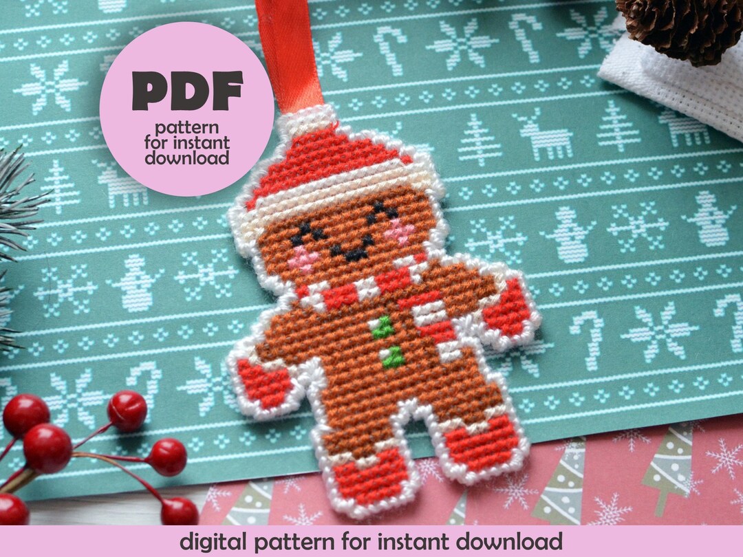Gingerbread Man Cross Stitch Pattern PDF & Tutorial, Plastic Canvas ...