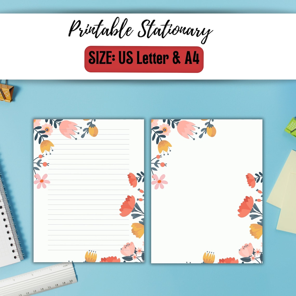 Printable Stationary Flower Bundle,printable Stationery Lined Paper ...