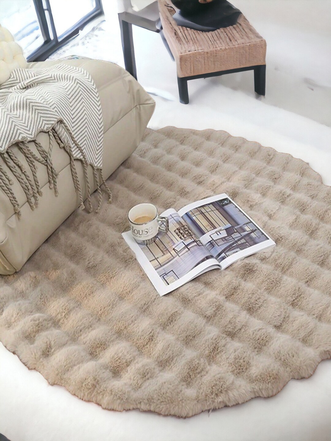 Solid Fuzzy Round Rug Plush Soft Texture Perfect for Living Room ...