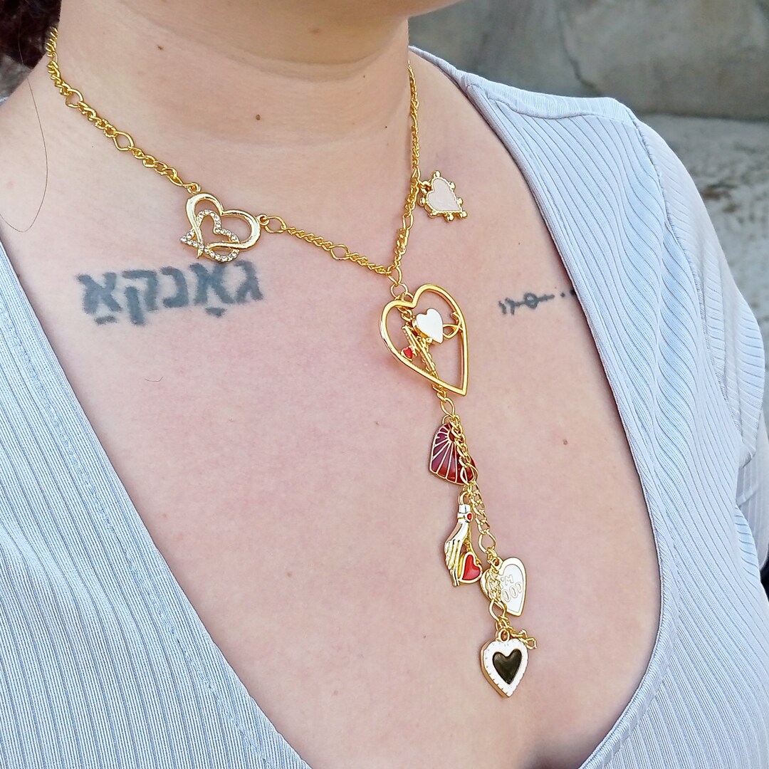 Multi Charm Chain Gold Necklace, Heart Charm Necklace, Good Luck ...