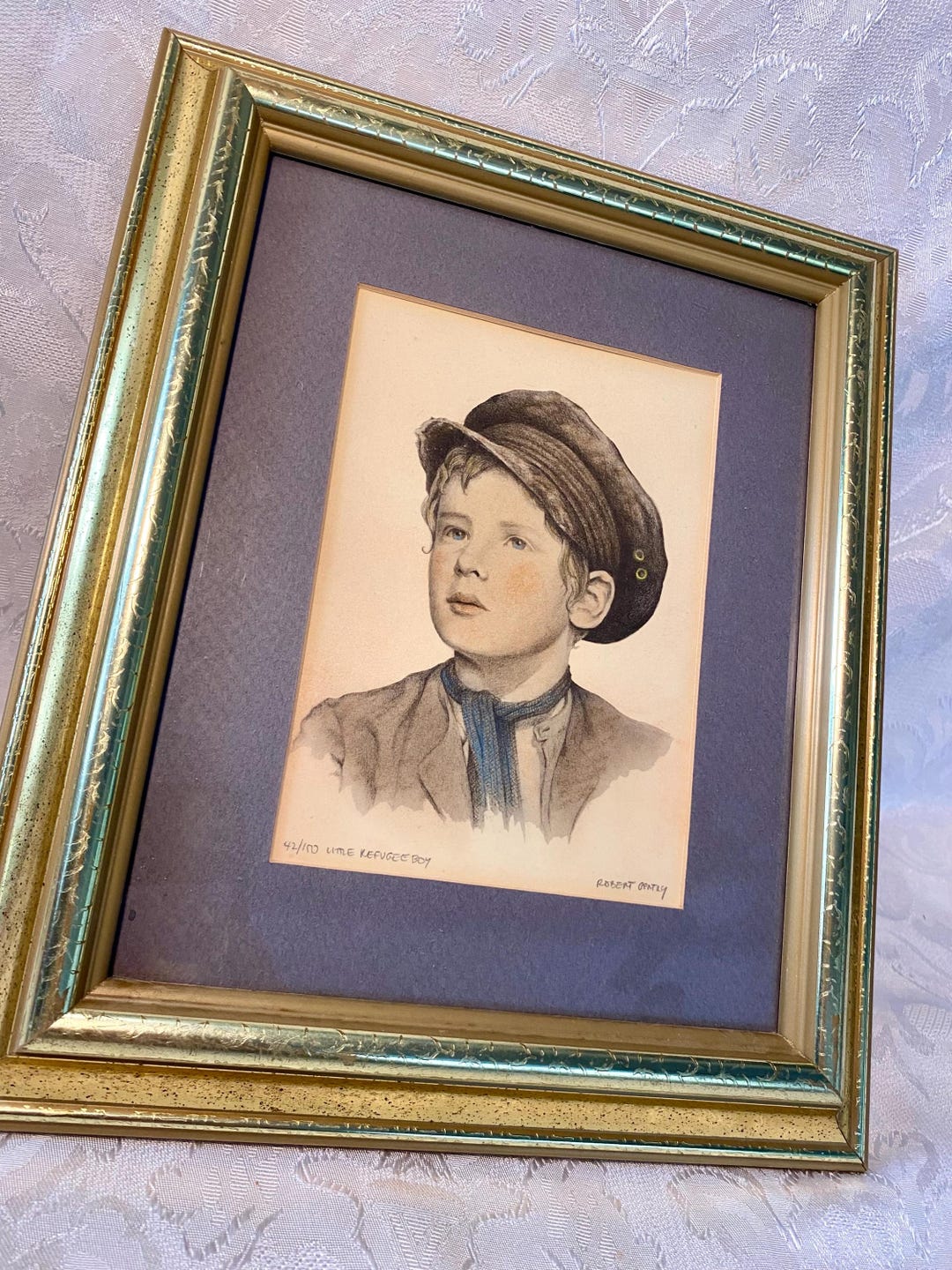 Vintage Roberty Gentry Art Refugee Boy Art in Gold Frame Signed ...
