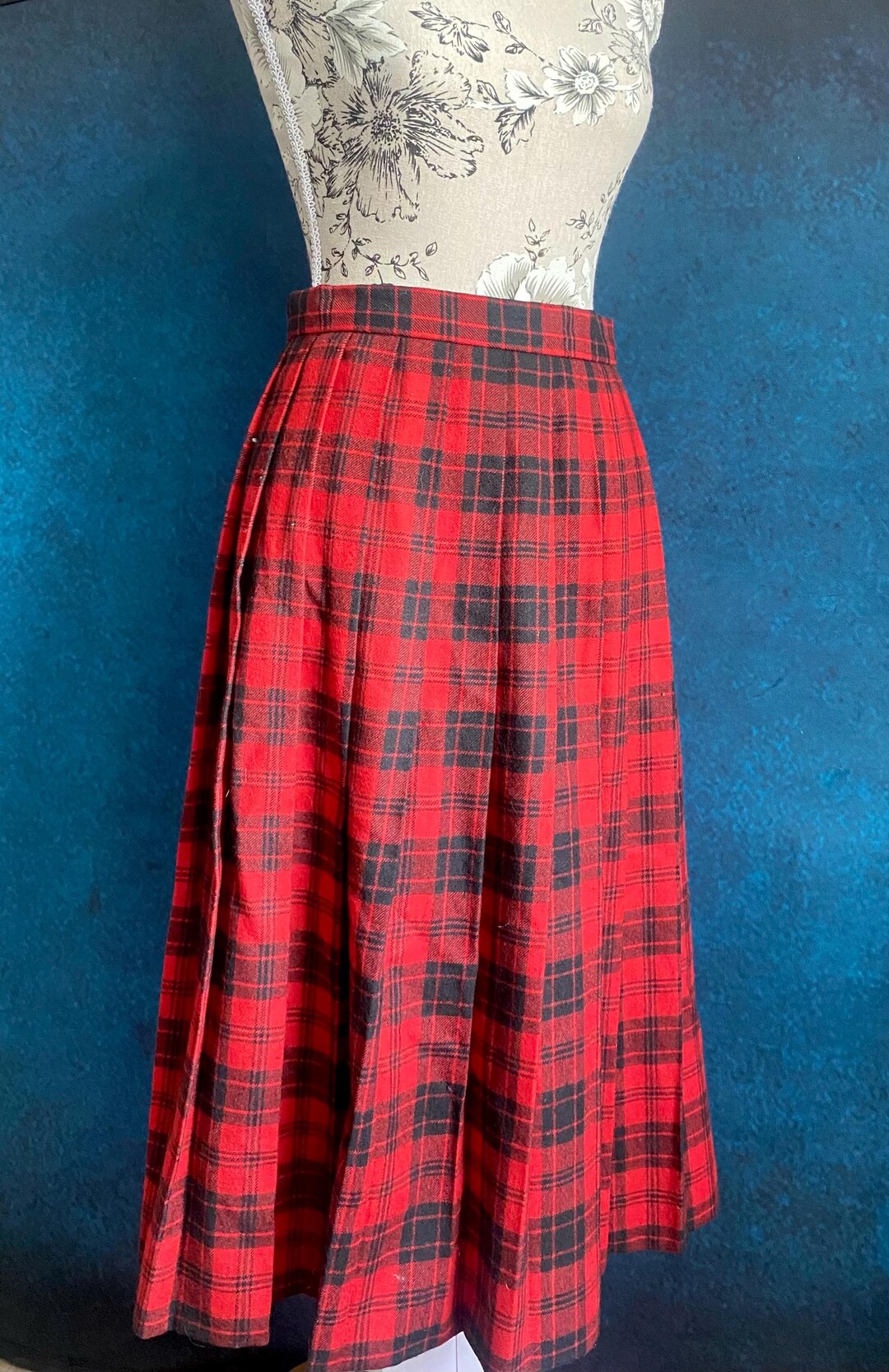 Vintage Red Black Plaid Pleated Midi 50s 60s Skirt JH Collectibles 100% ...