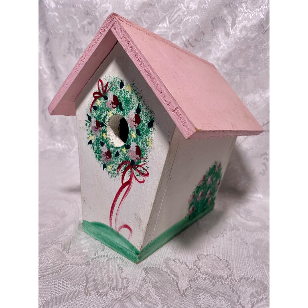 Hand-painted Wooden Birdhouse With Pink Roof & Floral Design - Etsy