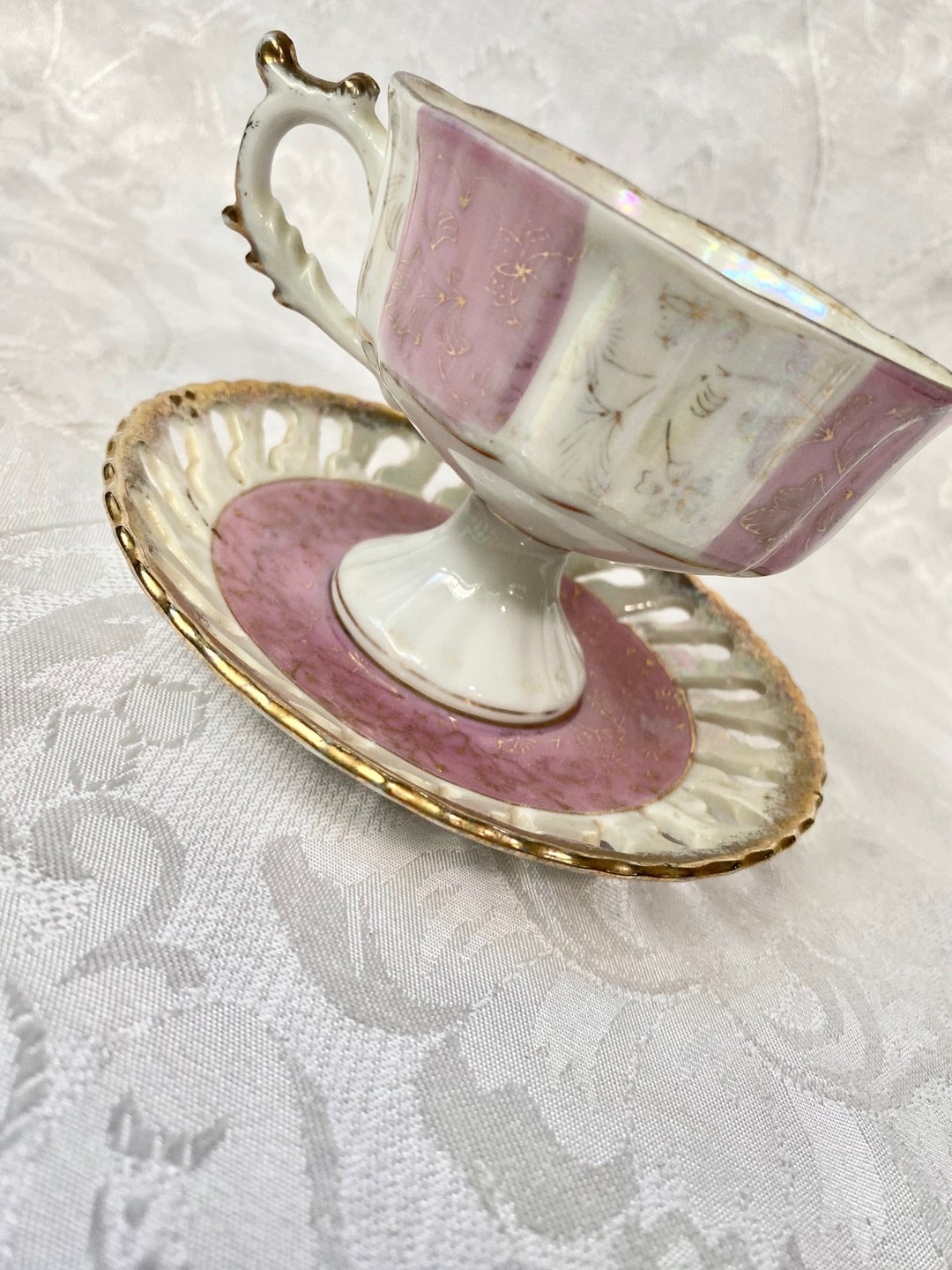 Vintage Pink Lusterware Pedestal Tea Cup and Saucer Set - Etsy