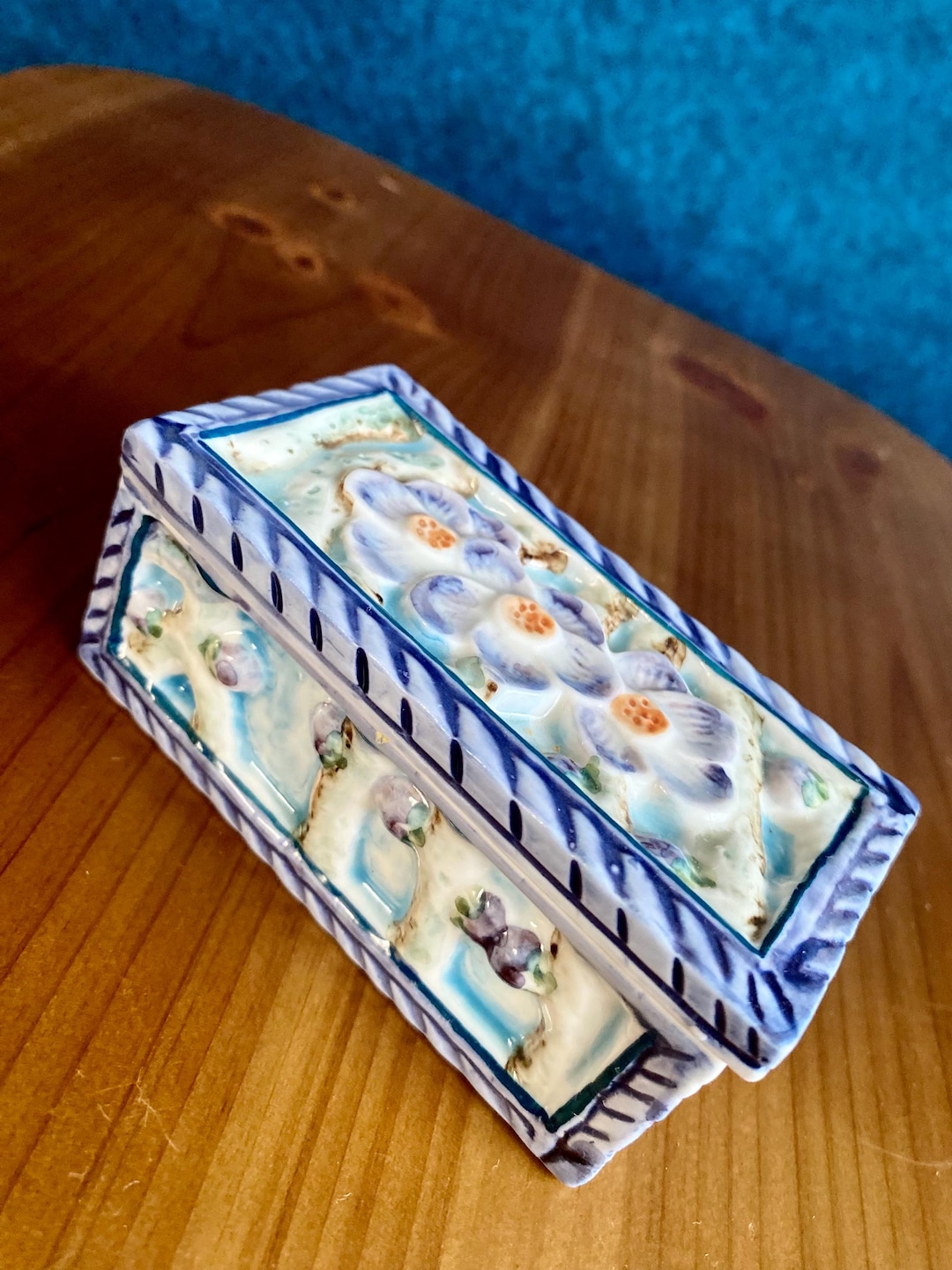 Vintage Baby Blue Lilac Floral Stripe Edge Trinket Box Small Storage ...