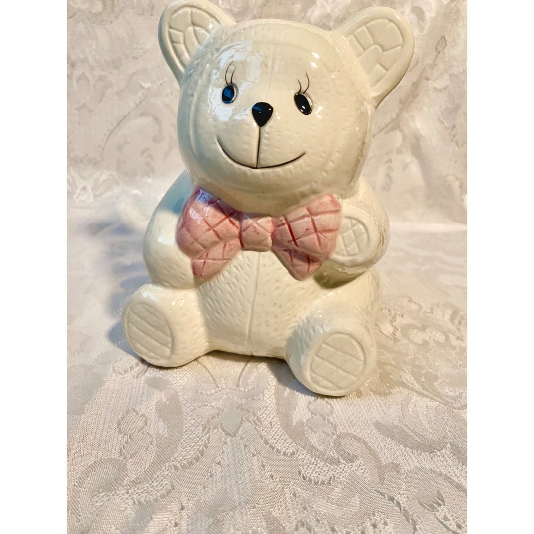 Ceramic Teddy Bear Jar/planter With Pink Bow Tie - Etsy