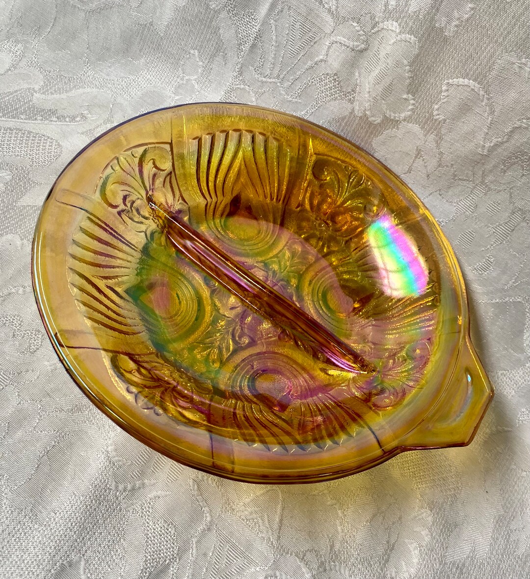 Vintage Indiana Marigold Carnival Glass Divided Bowl W/ Handle - Etsy