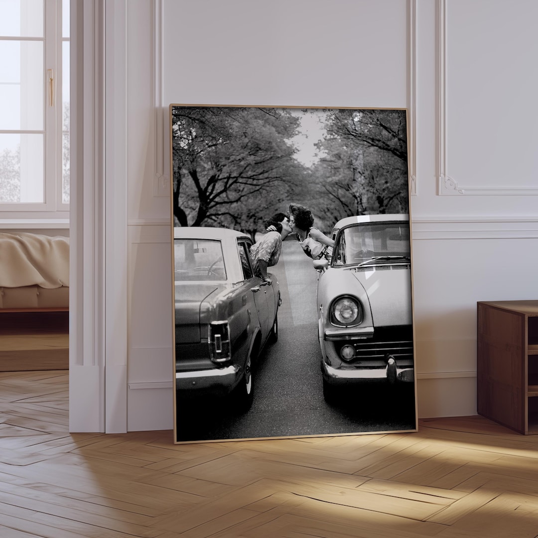 Girls Kissing Between Cars Wall Art, Romantic Drive Poster, Black and ...
