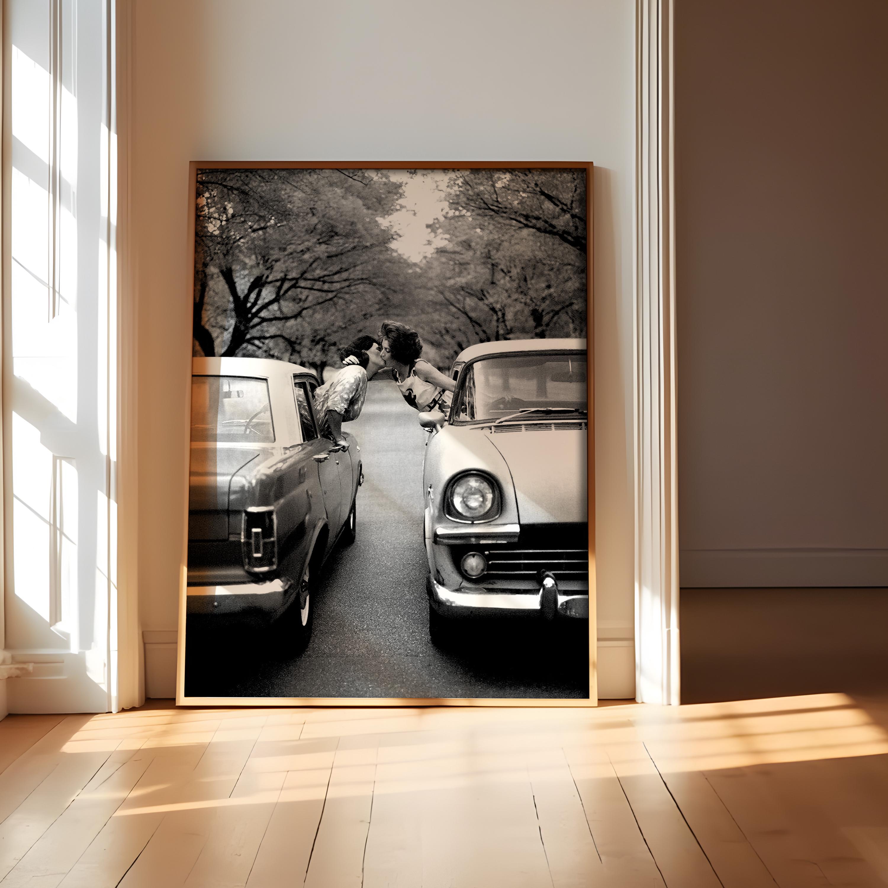 Girls Kissing Between Cars Wall Art, Romantic Drive Poster, Black and ...