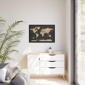 World Map Poster Canvas Wrap, Black World Map Poster, World Map Wall ...