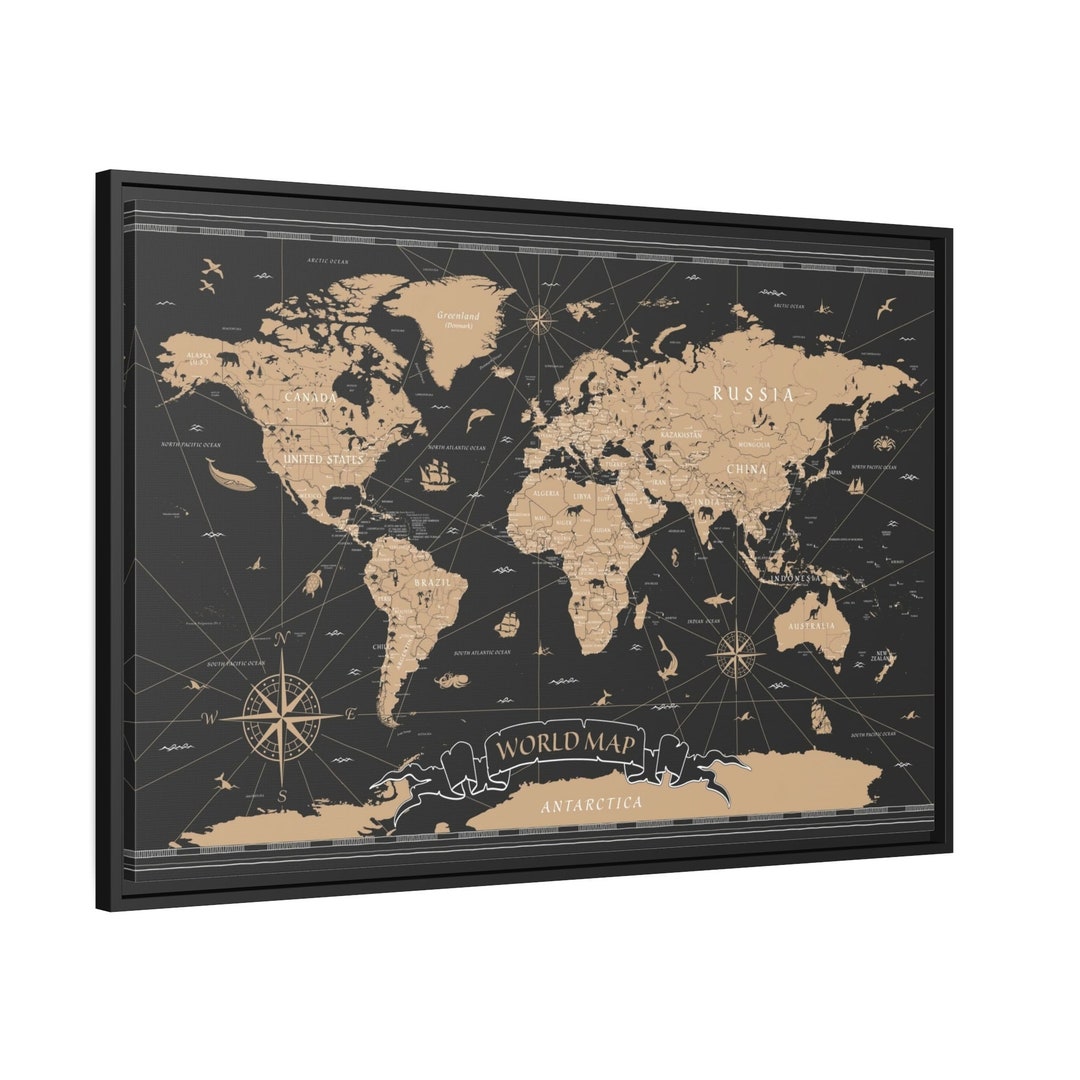 World Map Poster Canvas Wrap, Black World Map Poster, World Map Wall ...
