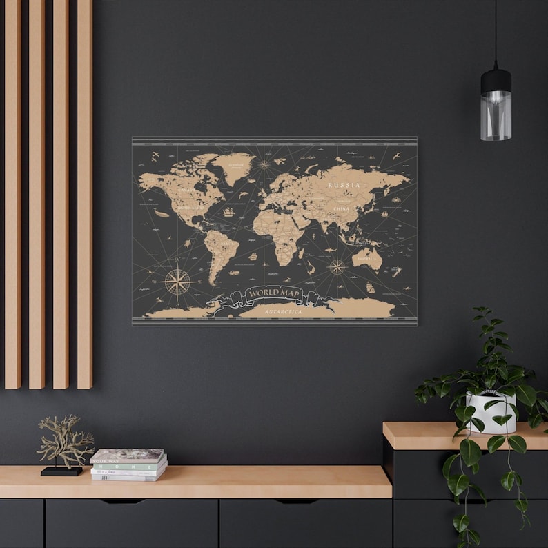World Map Poster Canvas Wrap, Black World Map Poster, World Map Wall ...