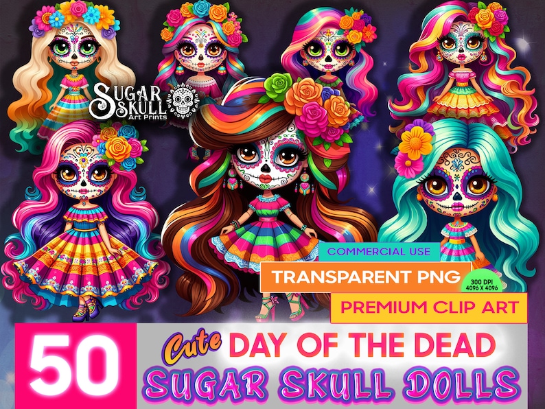 50 Cute Dia De Los Muertos Sugar Skull Doll Girl PNG Clip Art | Digital ...