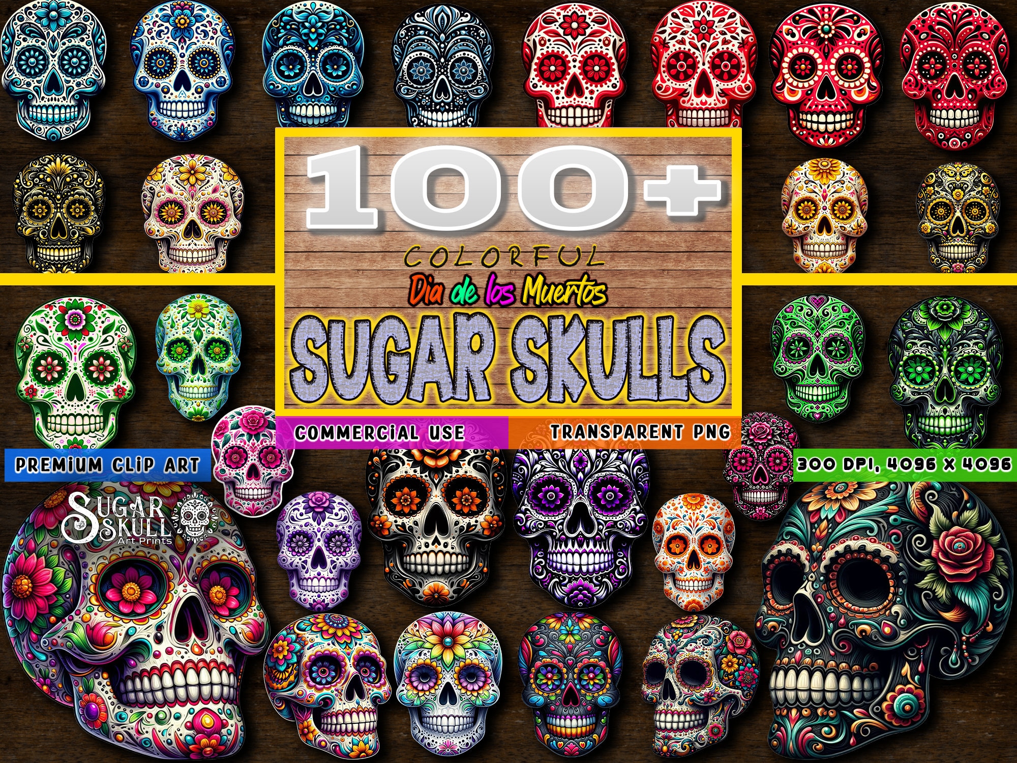 100 Sugar Skull Clip Art Bundle, Colorful Dia De Los Muertos Graphics ...