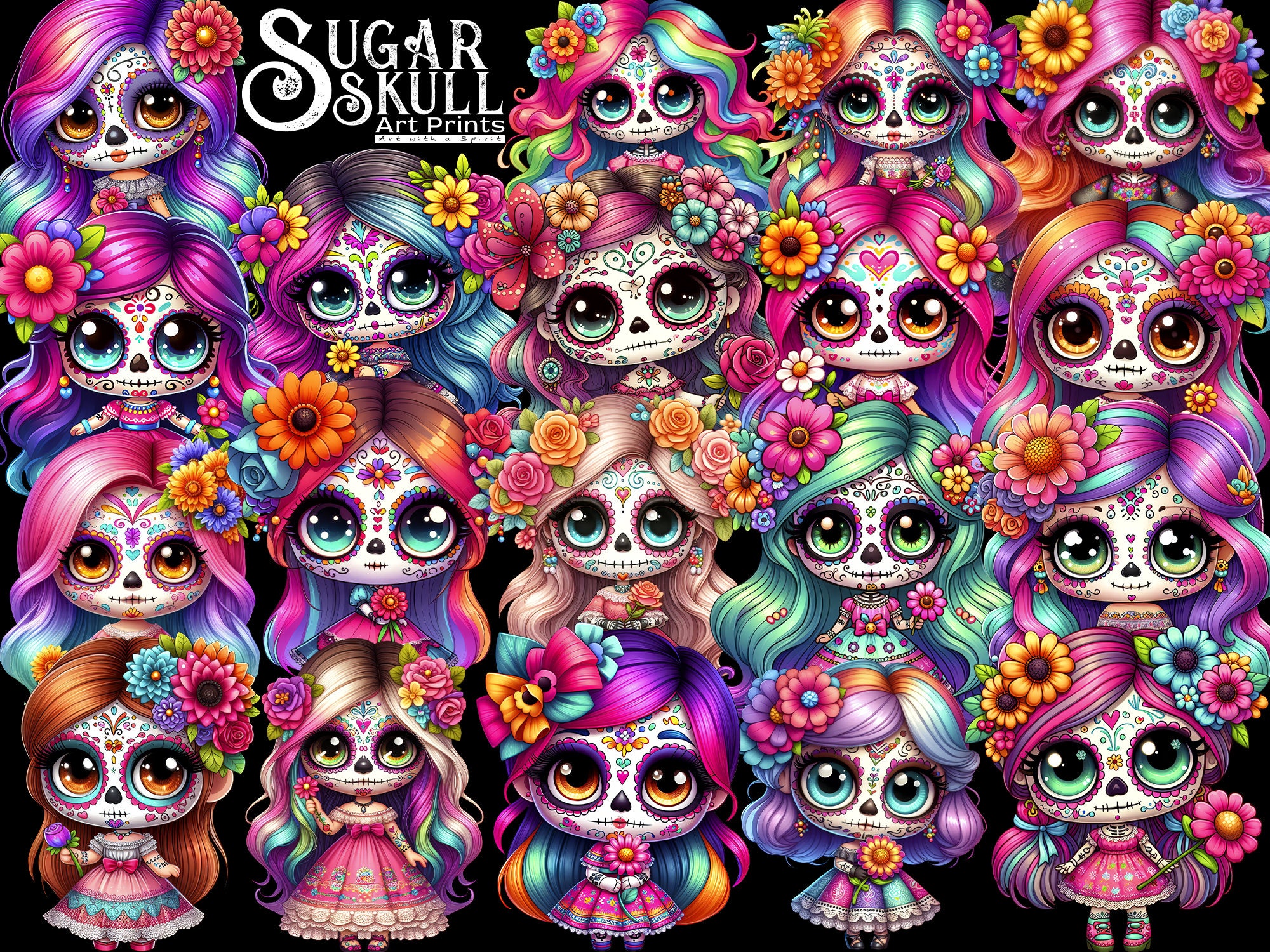 50 Adorable Day of the Dead Sugar Skull Doll Girl PNG Clip Art ...