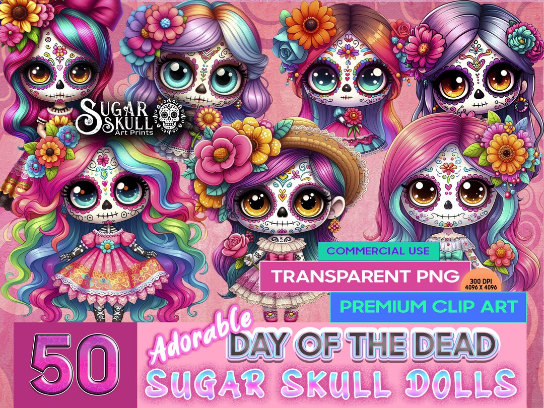50 Adorable Day of the Dead Sugar Skull Doll Girl PNG Clip Art ...