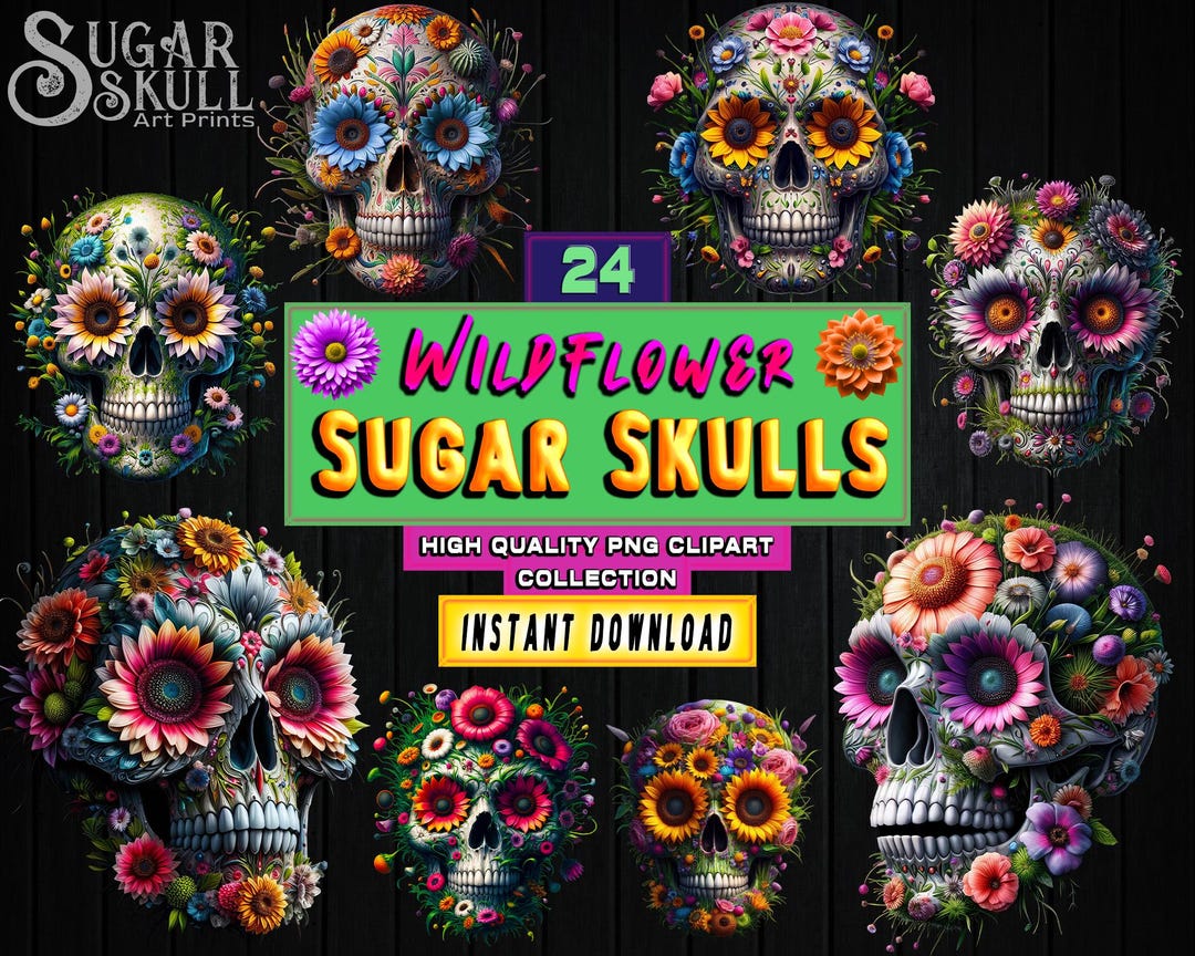 24 Wildflower Sugar Skulls PNG Clipart | Floral Day of the Dead Art ...