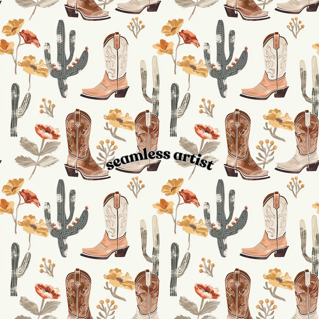 Western Cowgirl Boots Floral Seamless Pattern | Digital Download ...