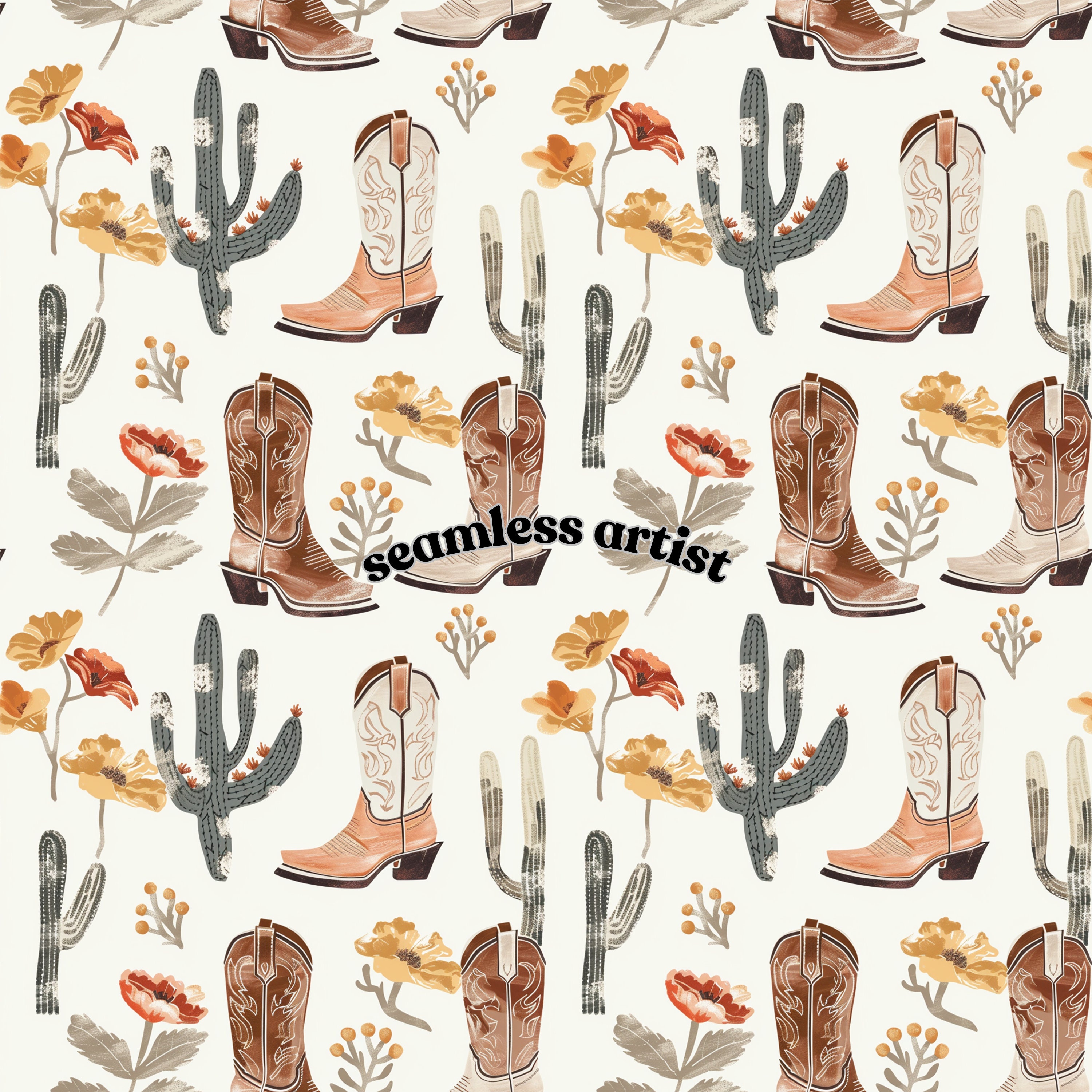 Western Cowgirl Boots Floral Seamless Pattern Digital Download ...