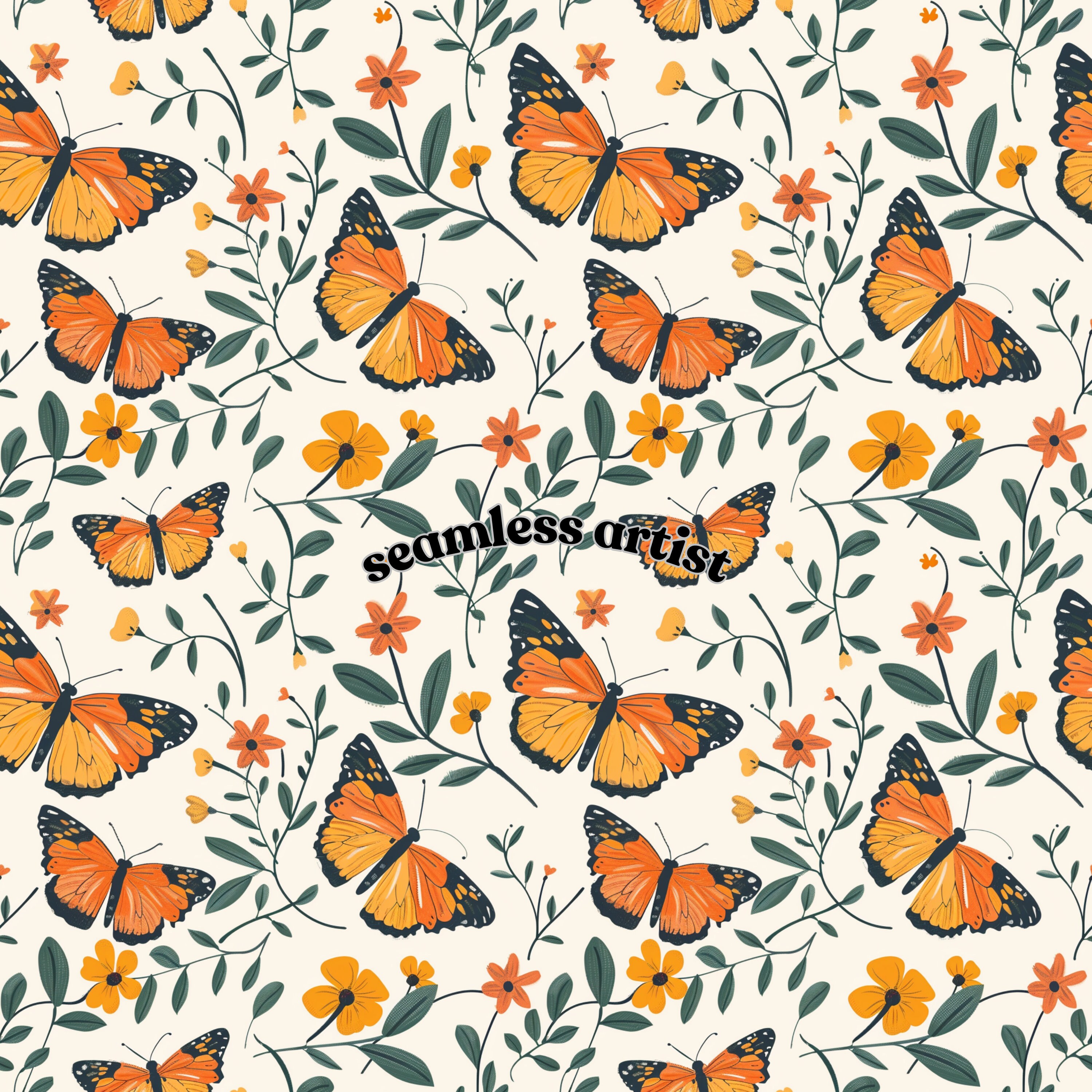 Monarch Butterfly Floral Seamless Pattern Digital Download Unlimited ...
