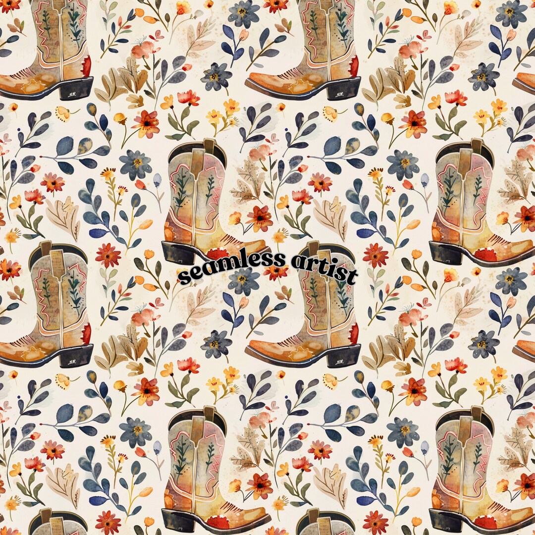 Western Cowgirl Boots Floral Seamless Pattern | Digital Download ...