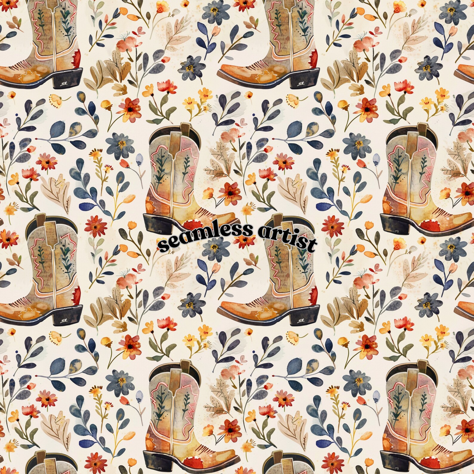 Western Cowgirl Boots Floral Seamless Pattern | Digital Download ...