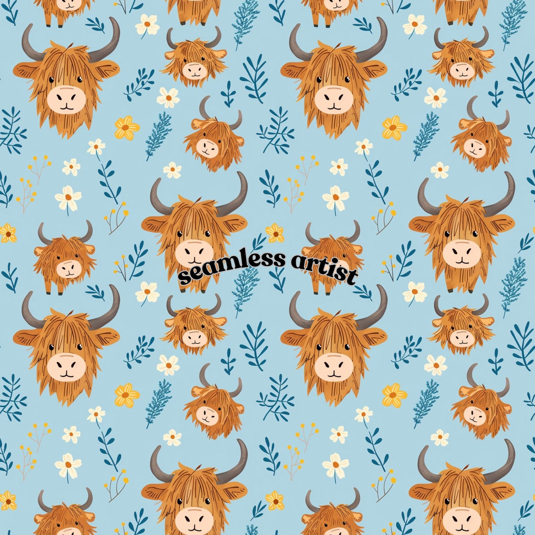 Highland Cow Seamless Pattern | Digital Download | Unlimited Commercial ...