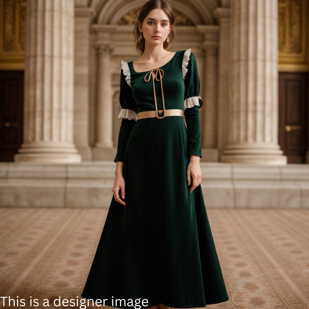 Renaissance Velvet Dress With Belt Women Crewneck Long Sleeve Dress ...