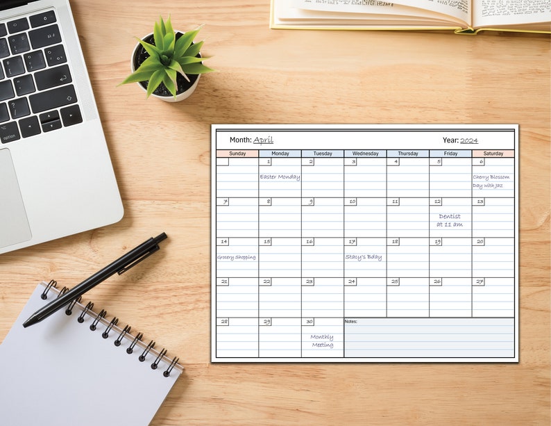Blank Monthly Calendars - Letter Size, Landscape Mode, Sunday/monday ...