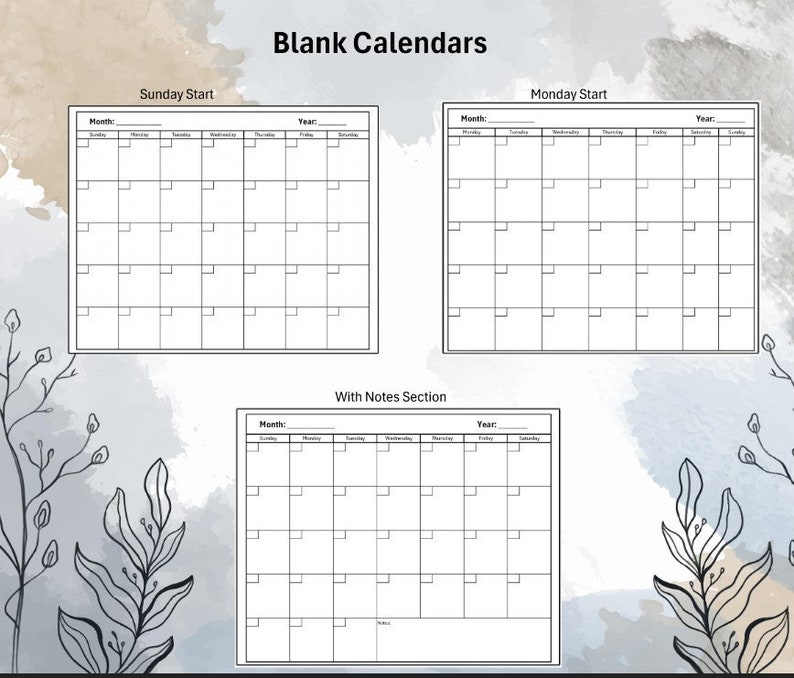 Blank Monthly Calendars - Letter Size, Landscape Mode, Sunday/monday ...