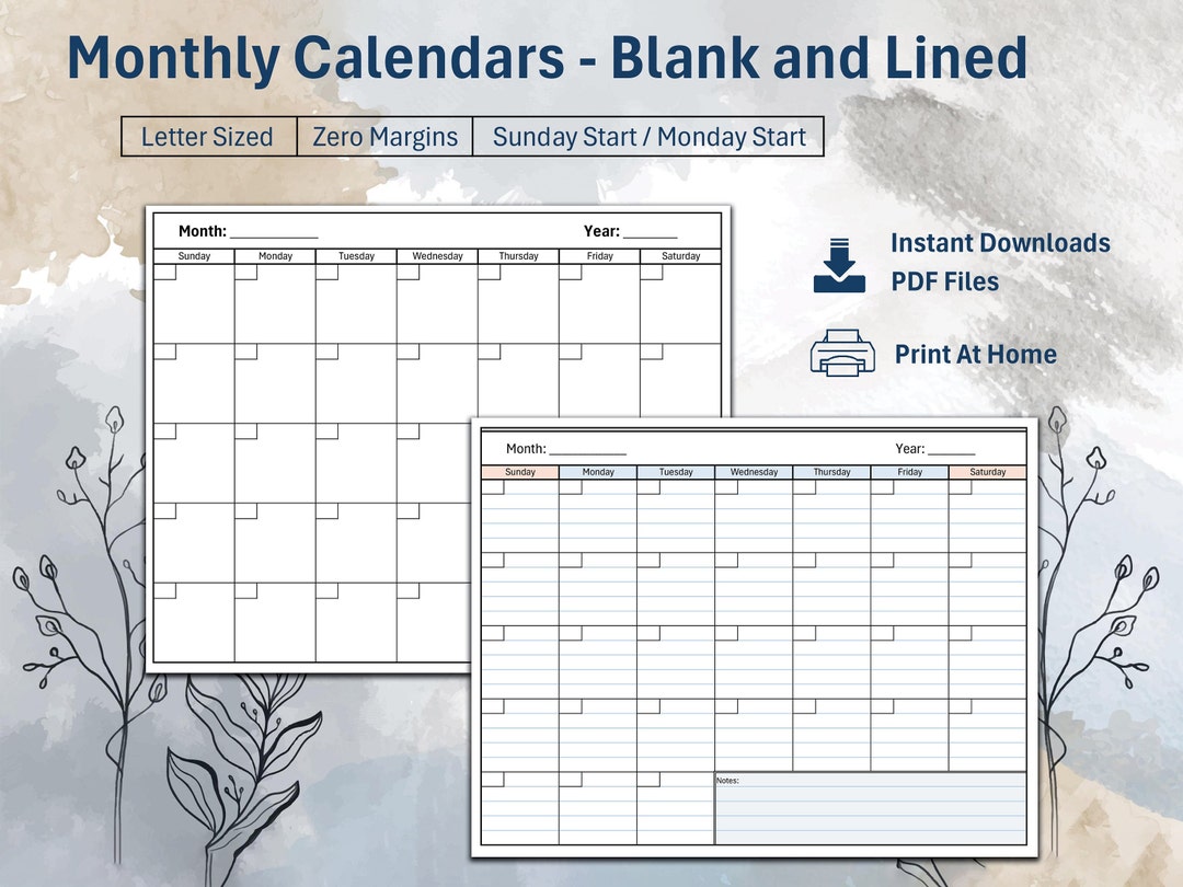 Blank Monthly Calendars - Letter Size, Landscape Mode, Sunday/monday ...