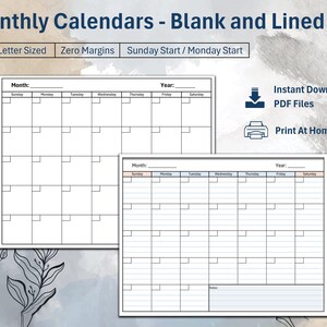 Blank Monthly Calendars - Letter Size, Landscape Mode, Sunday/monday ...