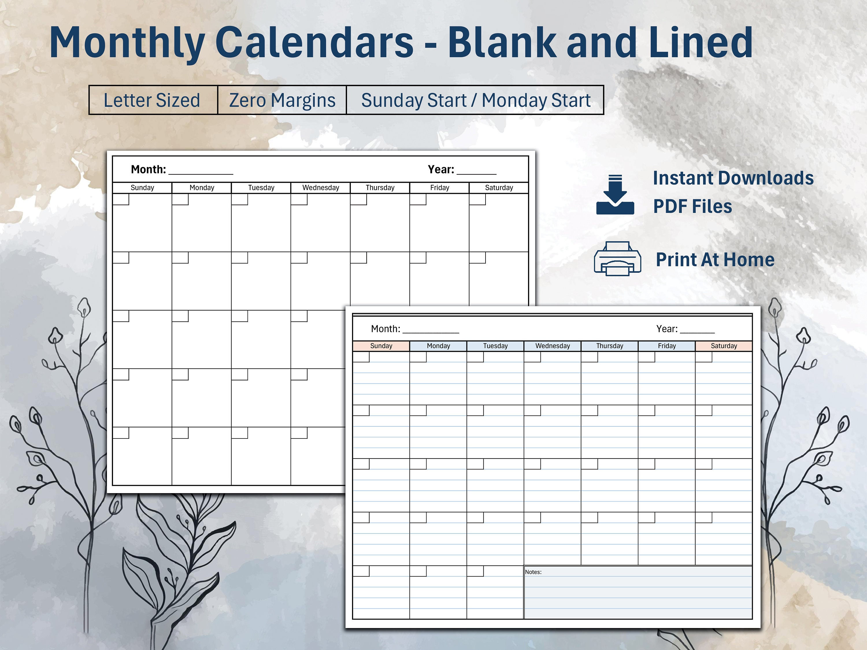 Blank Monthly Calendars - Letter Size, Landscape Mode, Sunday/monday ...
