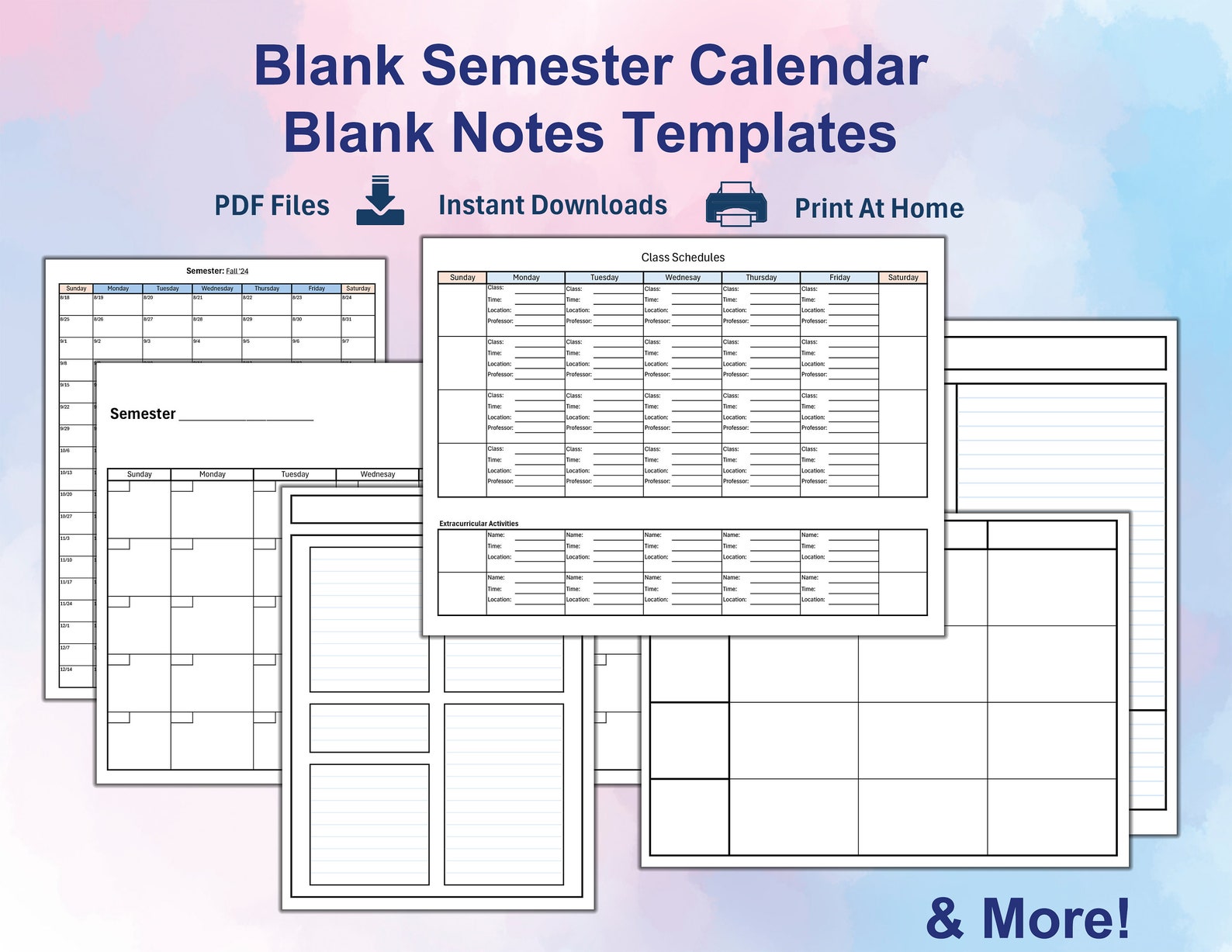 Blank Calendar, Schedules and Note Taking Templates for College ...