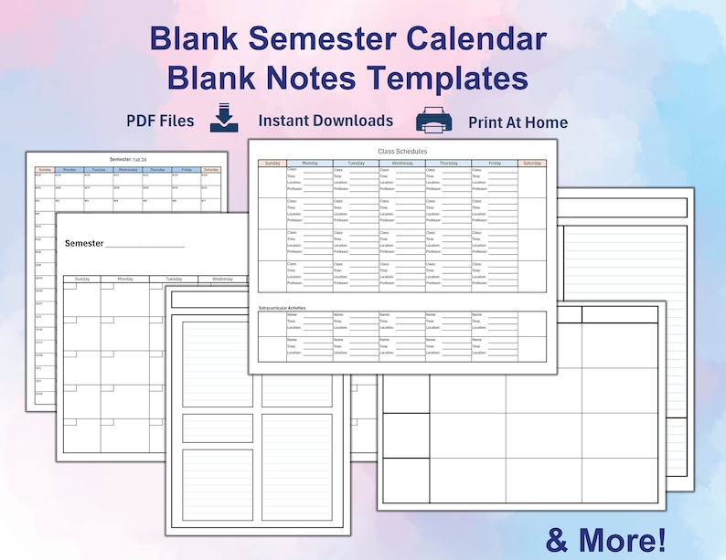 Blank Calendar, Schedules and Note Taking Templates for College ...