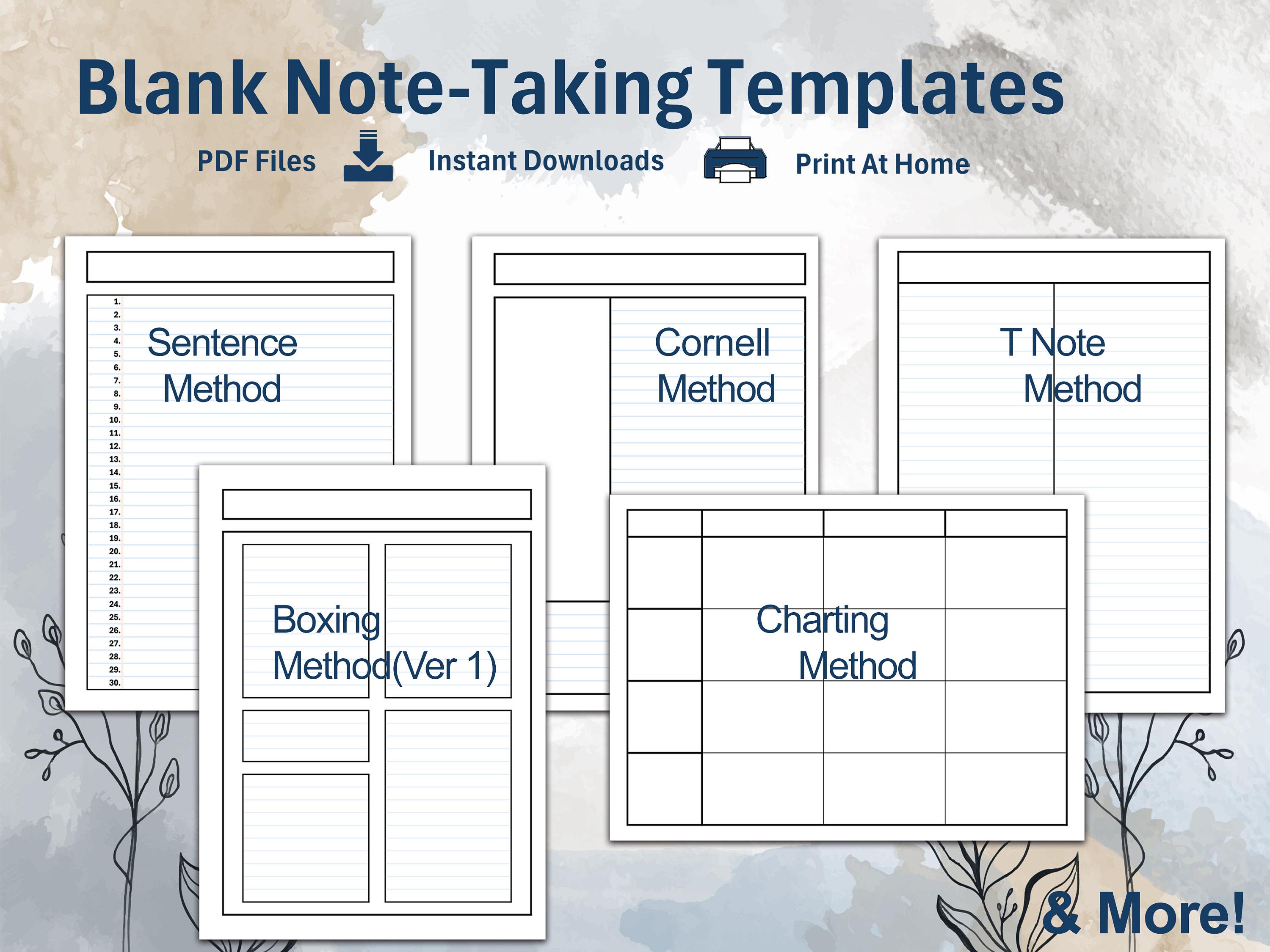 Blank Note Taking Templates - PDF Digital Files - Print at Home ...
