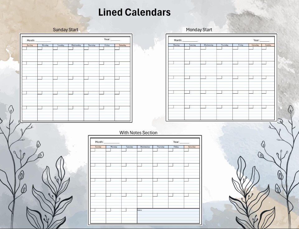Blank Monthly Calendars - Letter Size, Landscape Mode, Sunday/monday ...