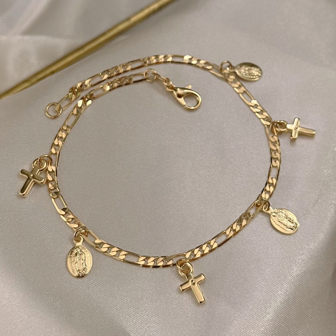 Anklet, 18K Gold Filled Anklet, Religious Anklet, Jewelry, Cross Anklet,virgen De Guadalupe ...