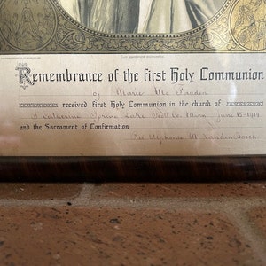 1919 Holy First Communion Certificate for Marie Mcfaden. Church and ...