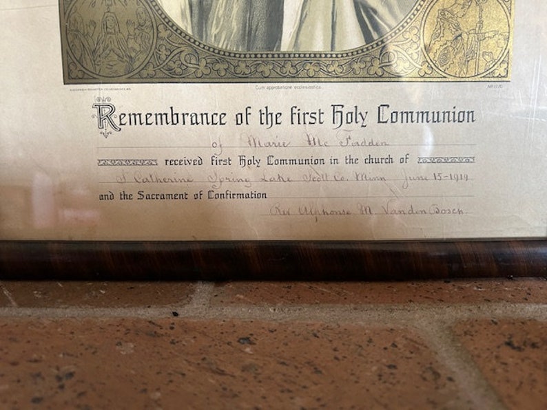 1919 Holy First Communion Certificate for Marie Mcfaden. Church and ...