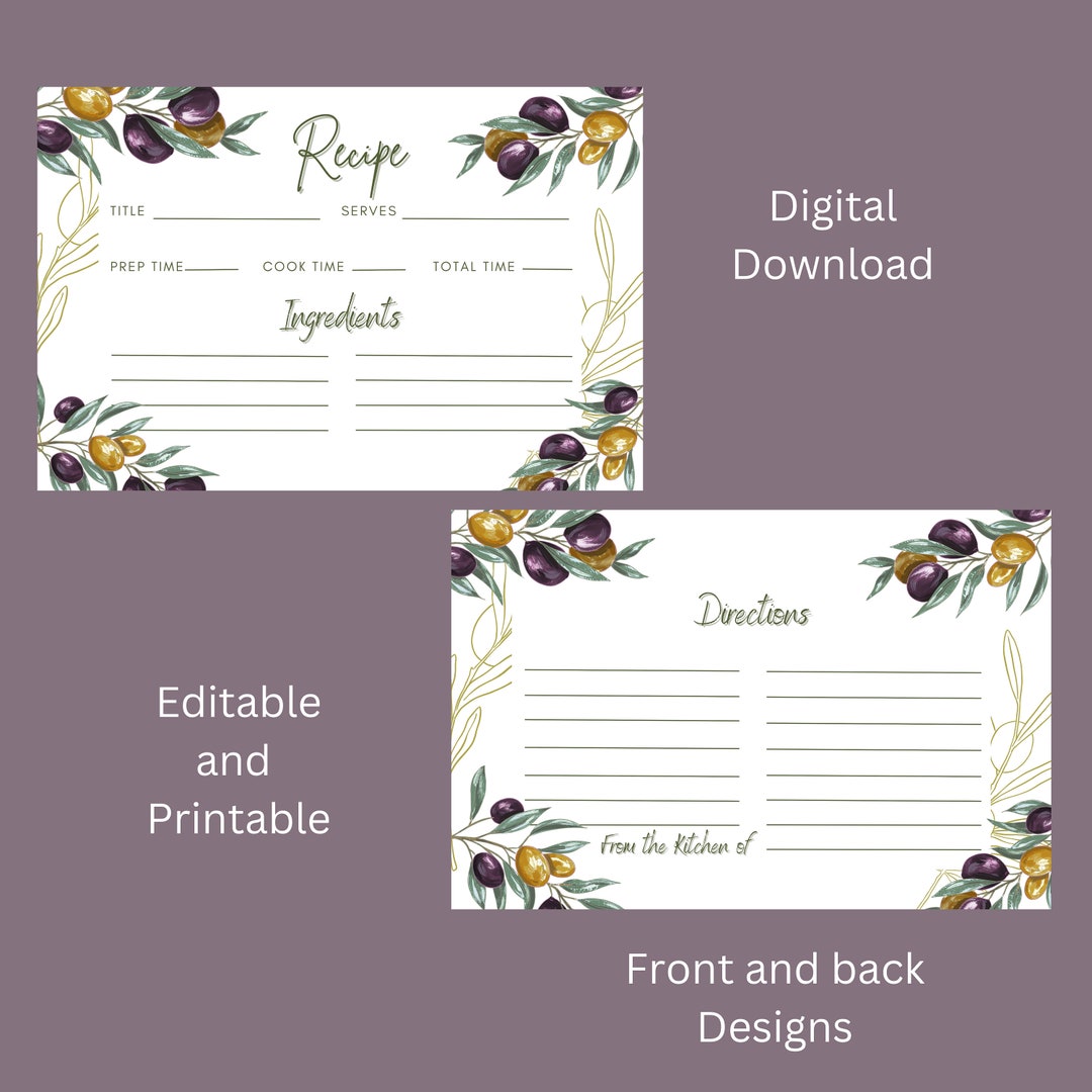 Customizable Recipe Card Template With Olive Design – Editable 4x6 ...
