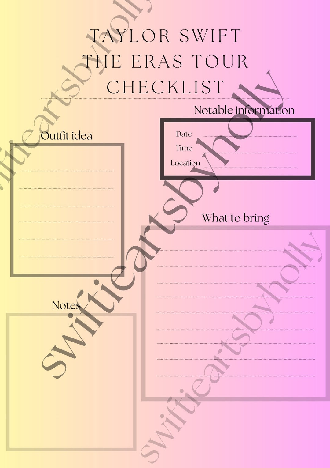 Taylor Swift Eras Tour DOWNLOAD Checklist - Etsy