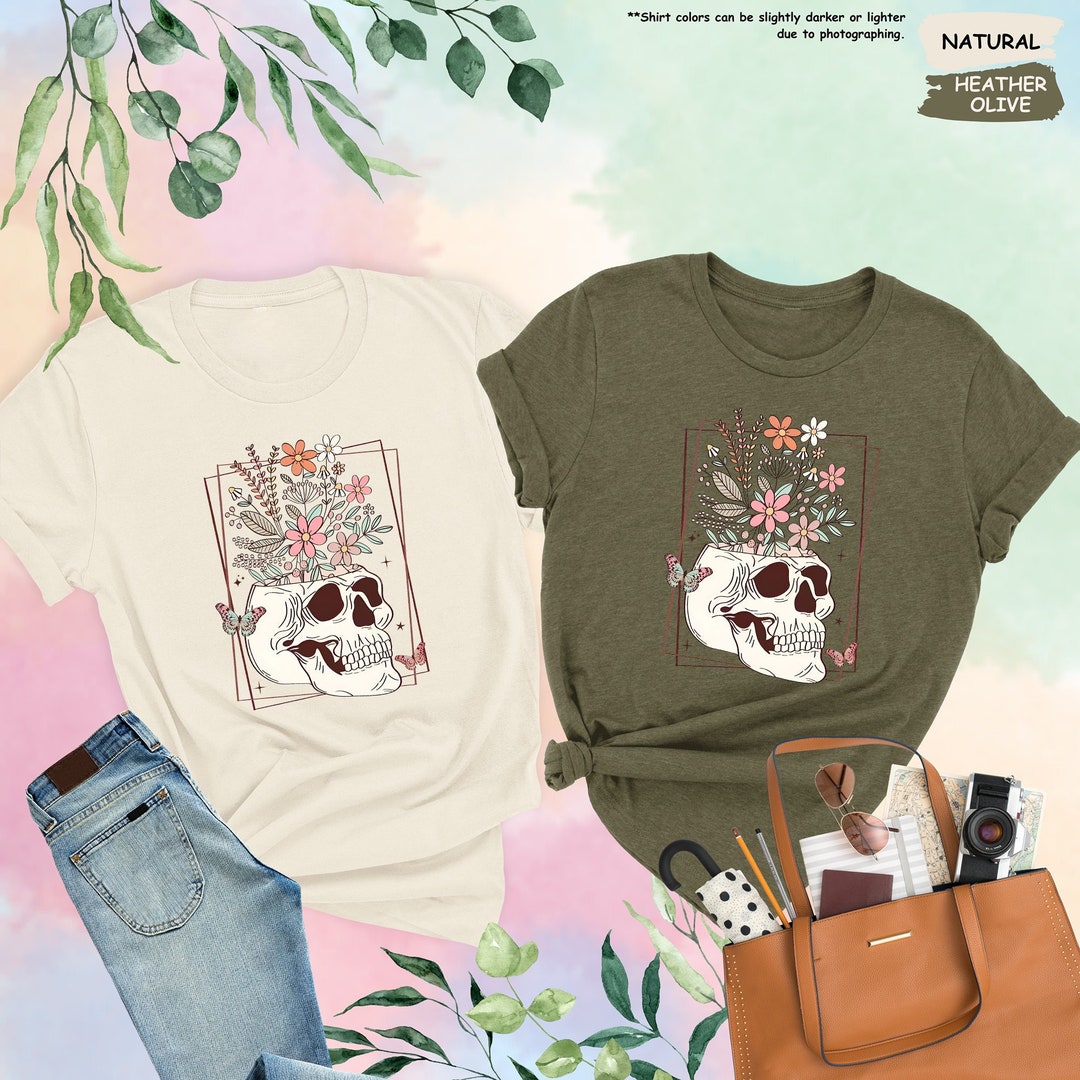 Floral Skull Shirt, Flower Skull Skeleton Shirt, Butterfly Shirt, Gift ...